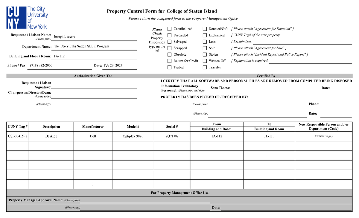 Property Control Form empty - CUNY Tag # Description Manufacturer Model ...