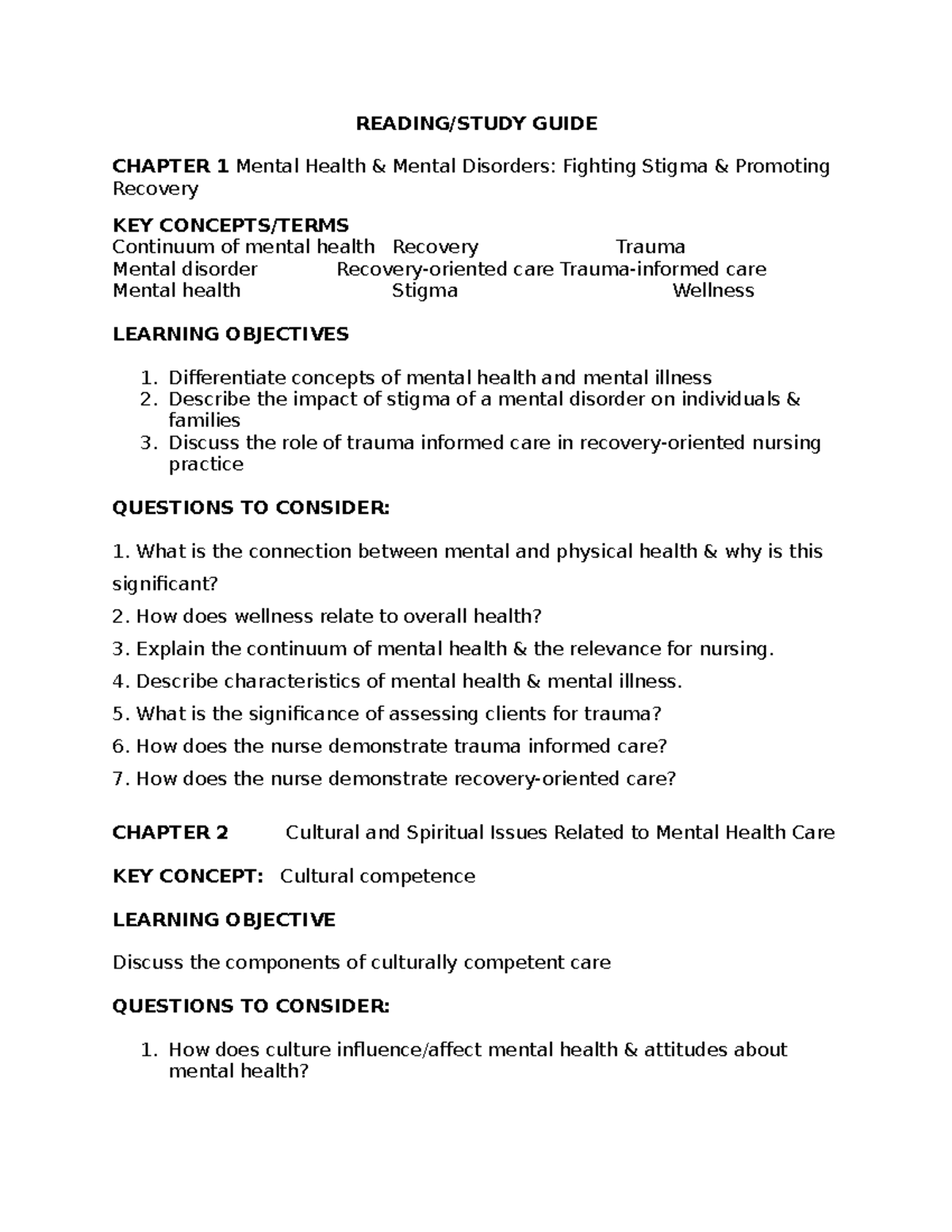 Week 1 Study Guide Summer 22-1 - READING/STUDY GUIDE CHAPTER 1 Mental ...
