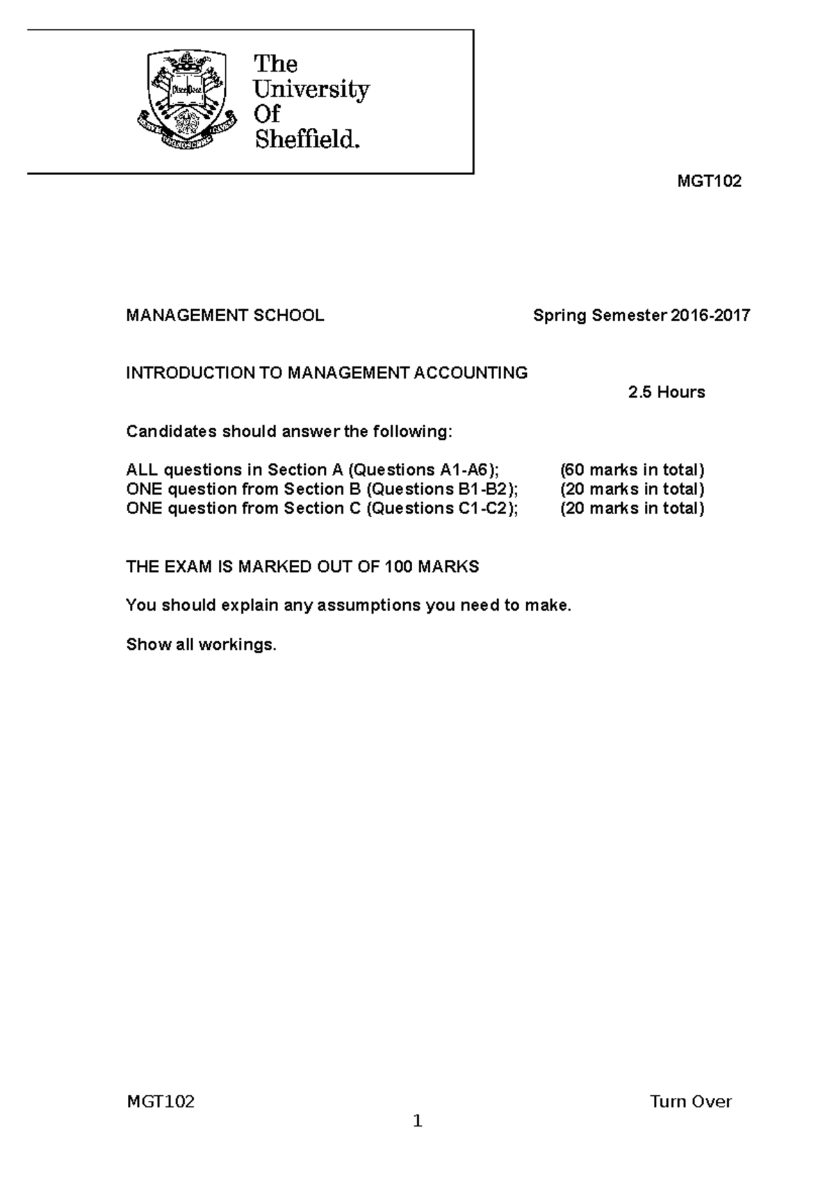 MGT 102 Exam Paper 2016-2017 - MANAGEMENT SCHOOL Spring Semester 2016 ...