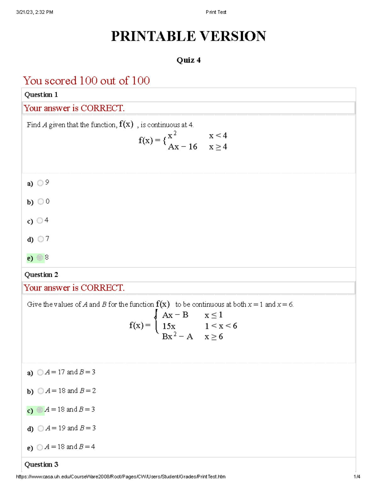 Quiz 4 - Quiz 4 - PRINTABLE VERSION Quiz 4 You scored 100 out of 100 ...