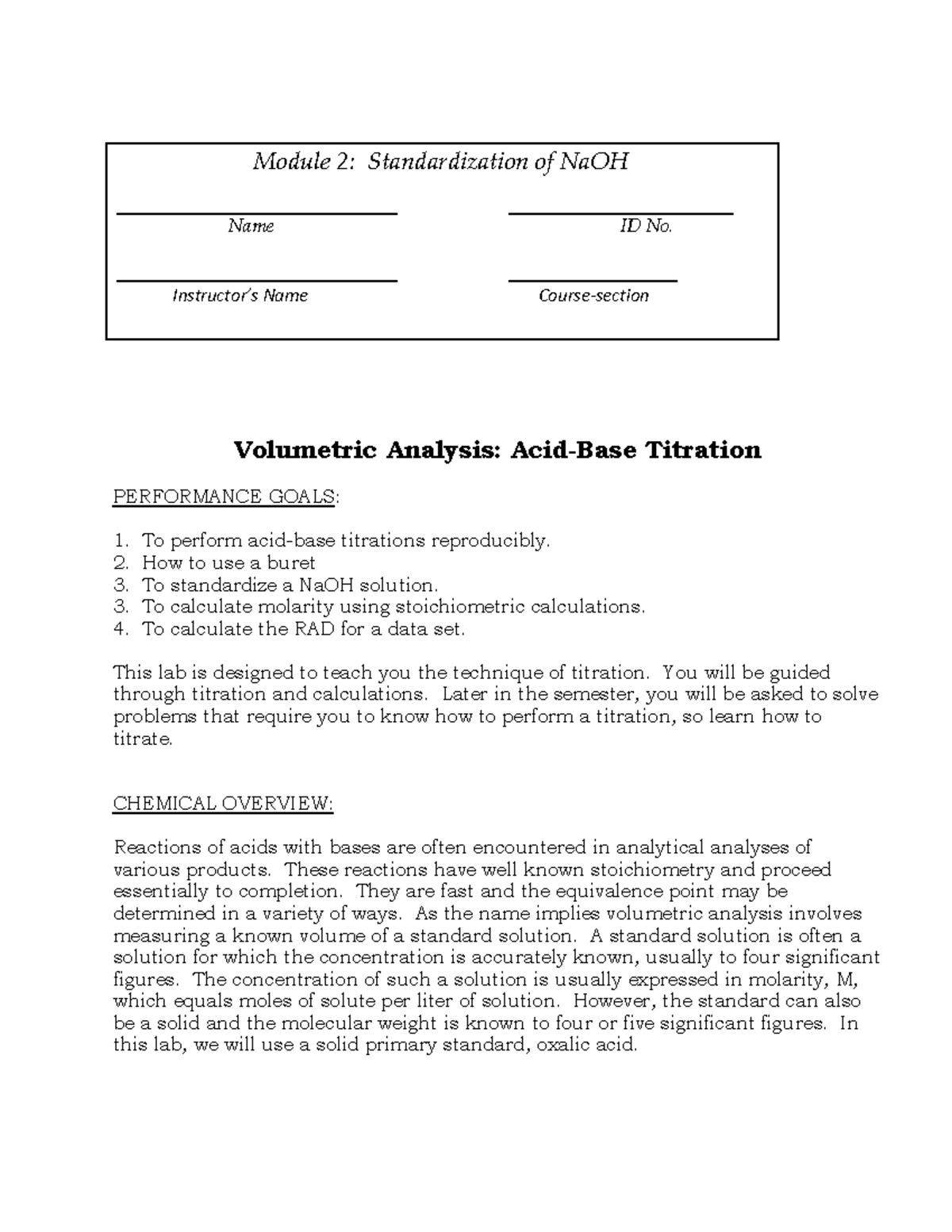 The Standardization of Na OH Lab Report 2021 - Volumetric Analysis ...