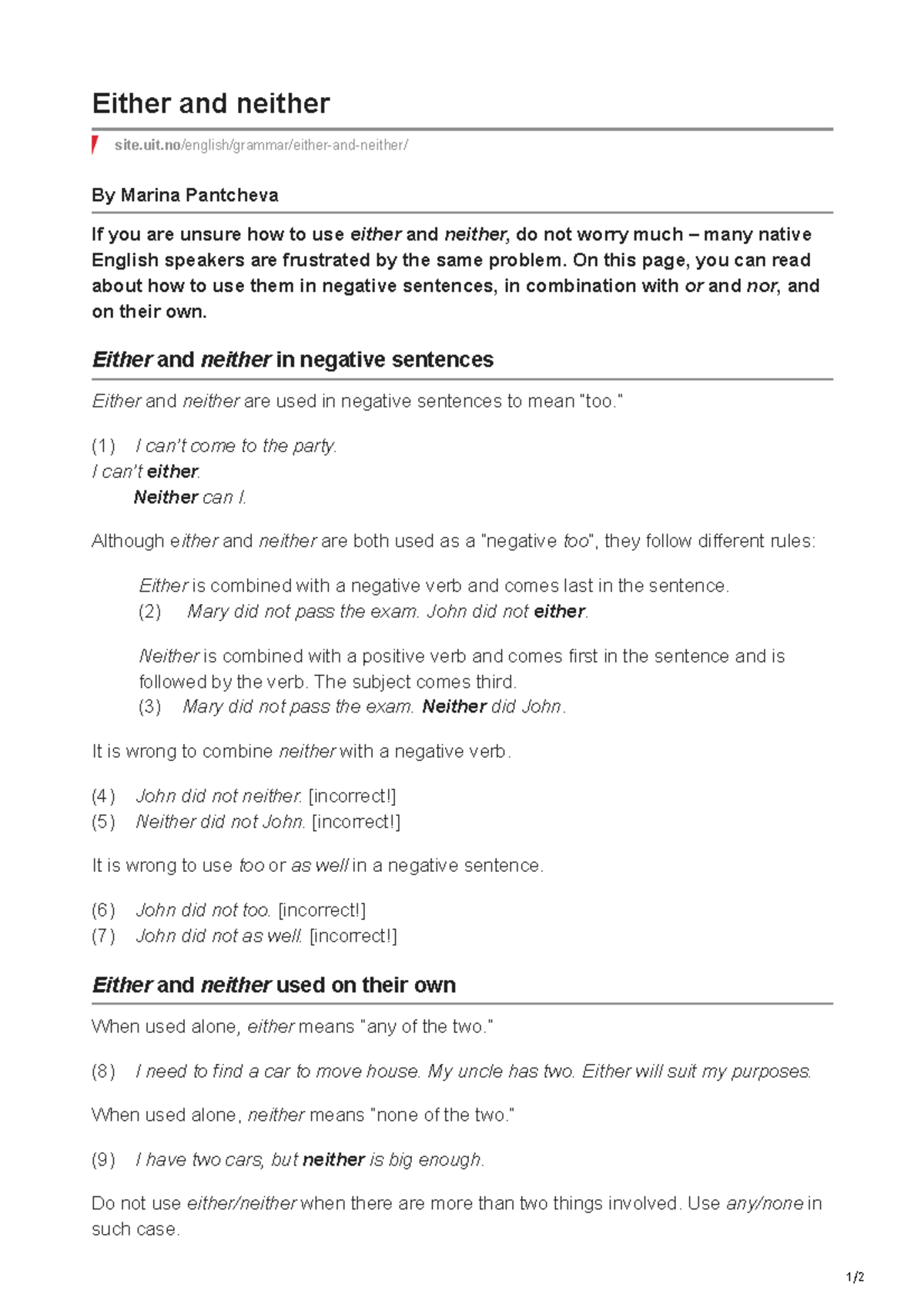 Either and neither - GRAMMAR - 1/ Either and neither site.uit /english ...
