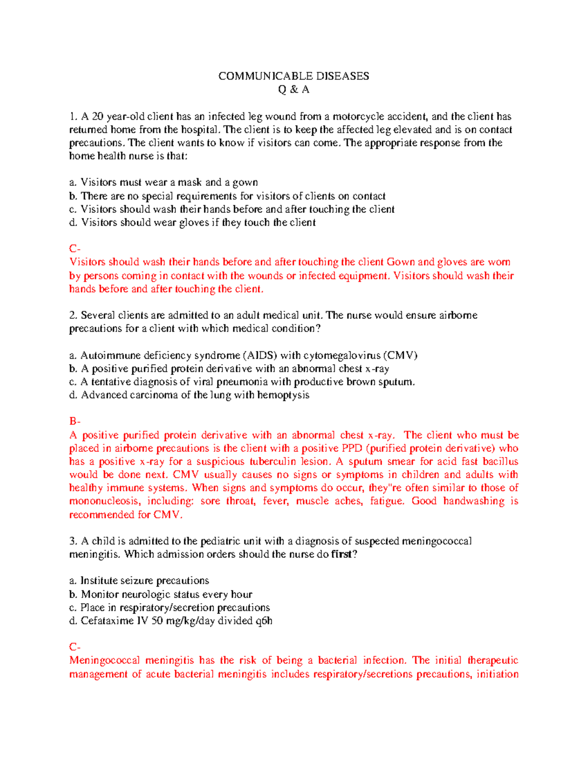 COMMUNICABLE DISEASE PRACTICE QUESTION ...
