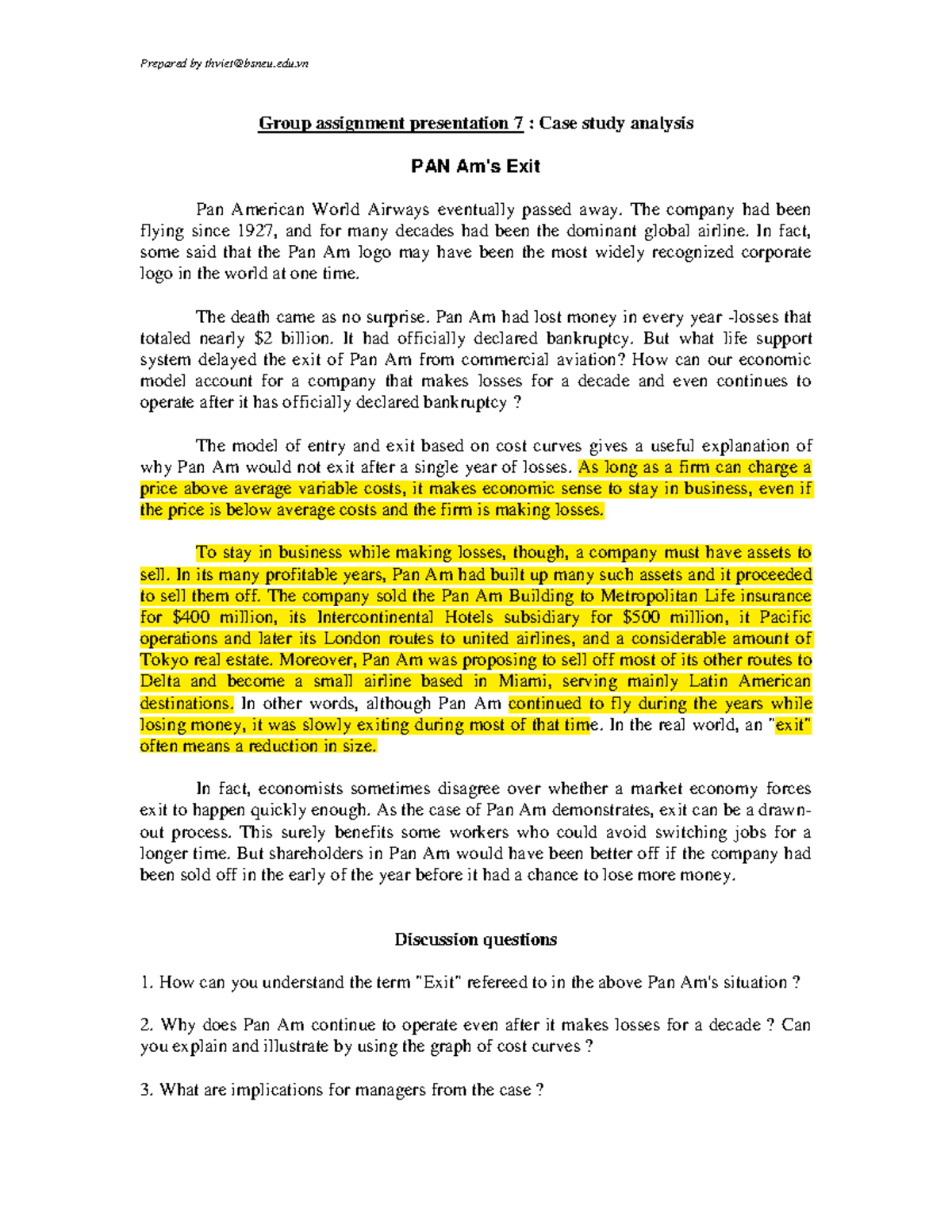 Presentation Assignment 6-Case Pam Am Exit - Prepared by thviet@bsneu.edu Group assignment - Studocu