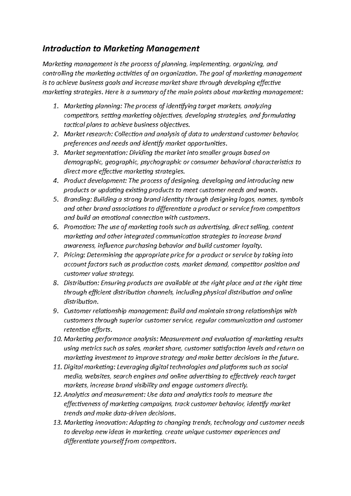 Introduction to Marketing Management, study notes - Introduction to ...