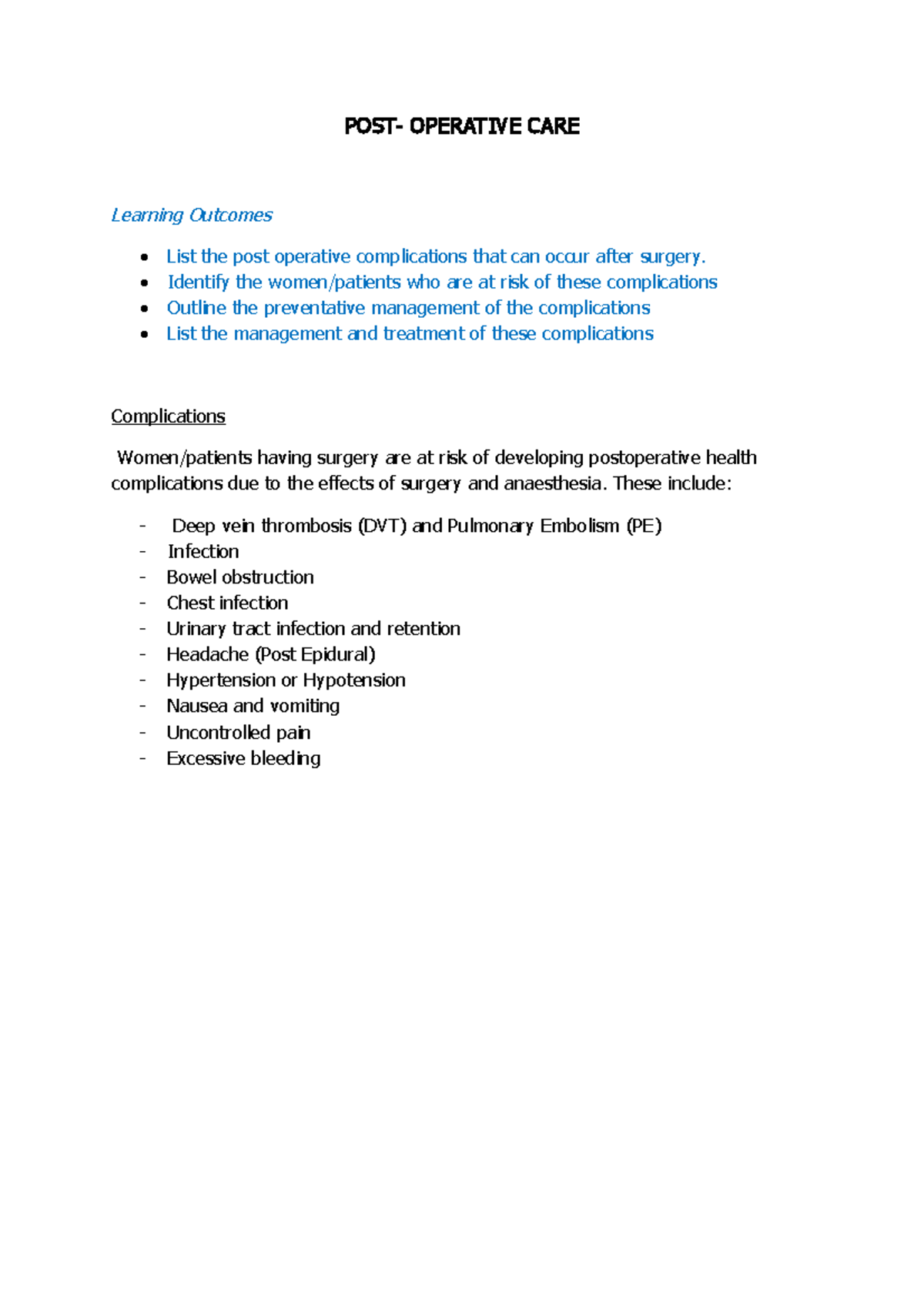 POST Operative Assessment - POST- OPERATIVE CARE Learning Outcomes List ...