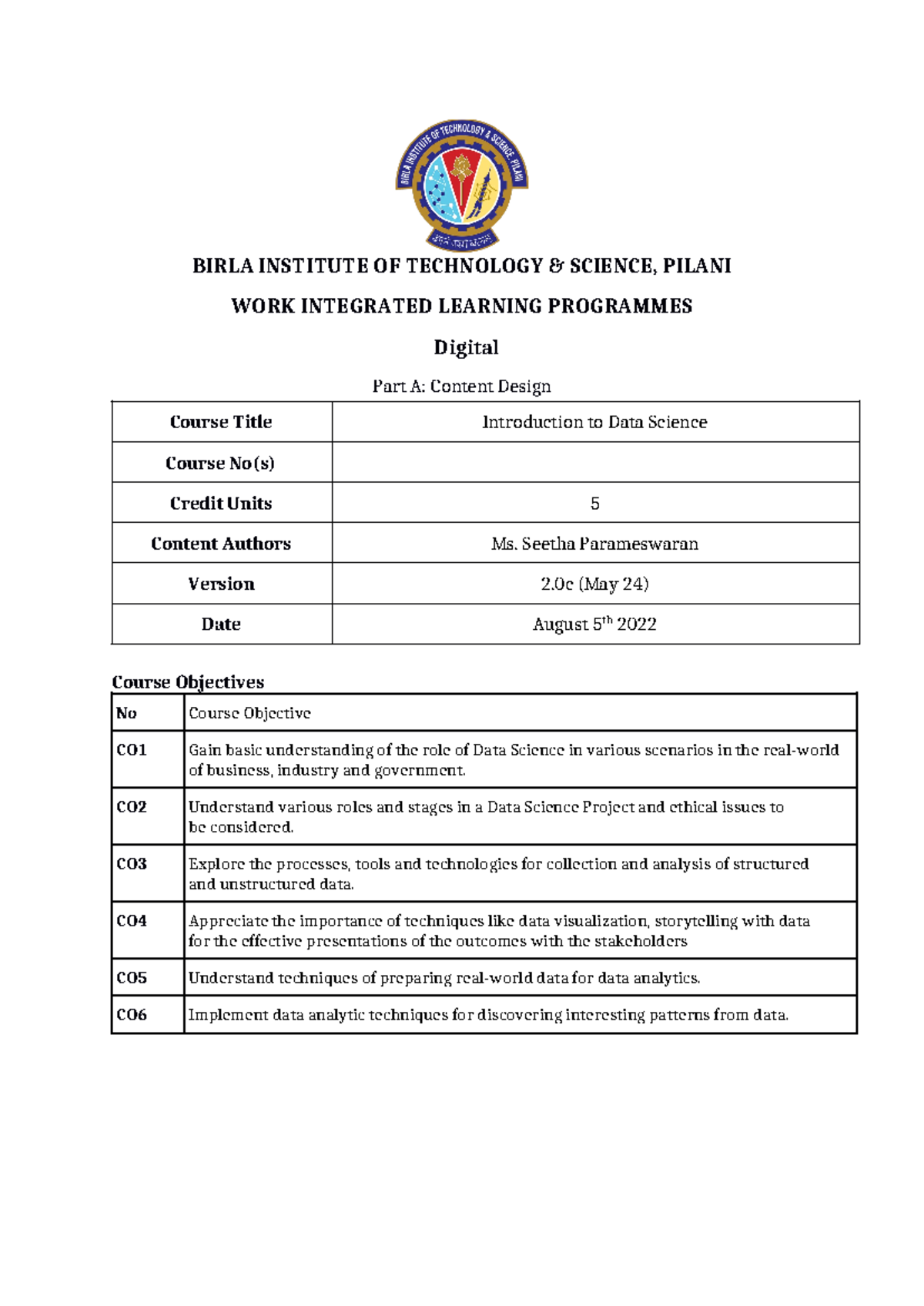 IDS Handout Regular v2 - BIRLA INSTITUTE OF TECHNOLOGY & SCIENCE, PILANI WORK INTEGRATED - Studocu
