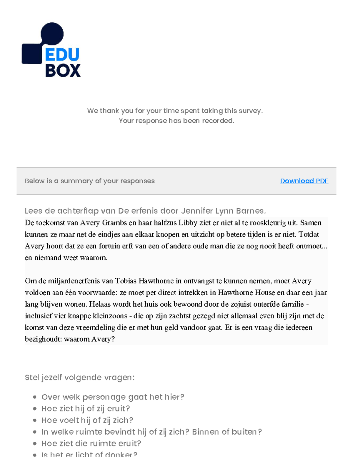 Response Summary - Below is a summary of your responses Download PDF We thank you for your time ...