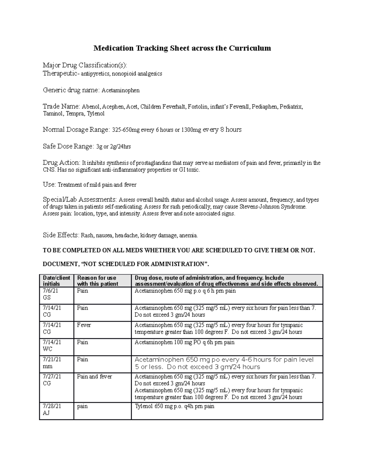 Acetaminophen - meds - Medication Tracking Sheet across the Curriculum ...