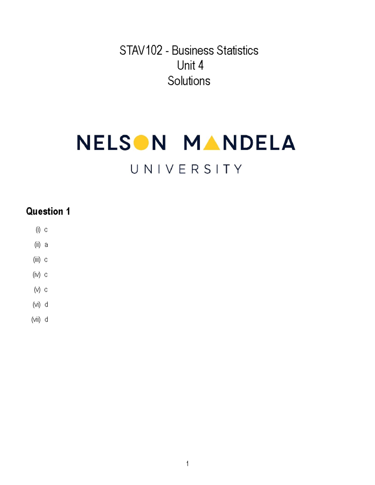 STAV102 Unit4 Solutions - STAV102 Business Statistics Unit 4 Solutions ...