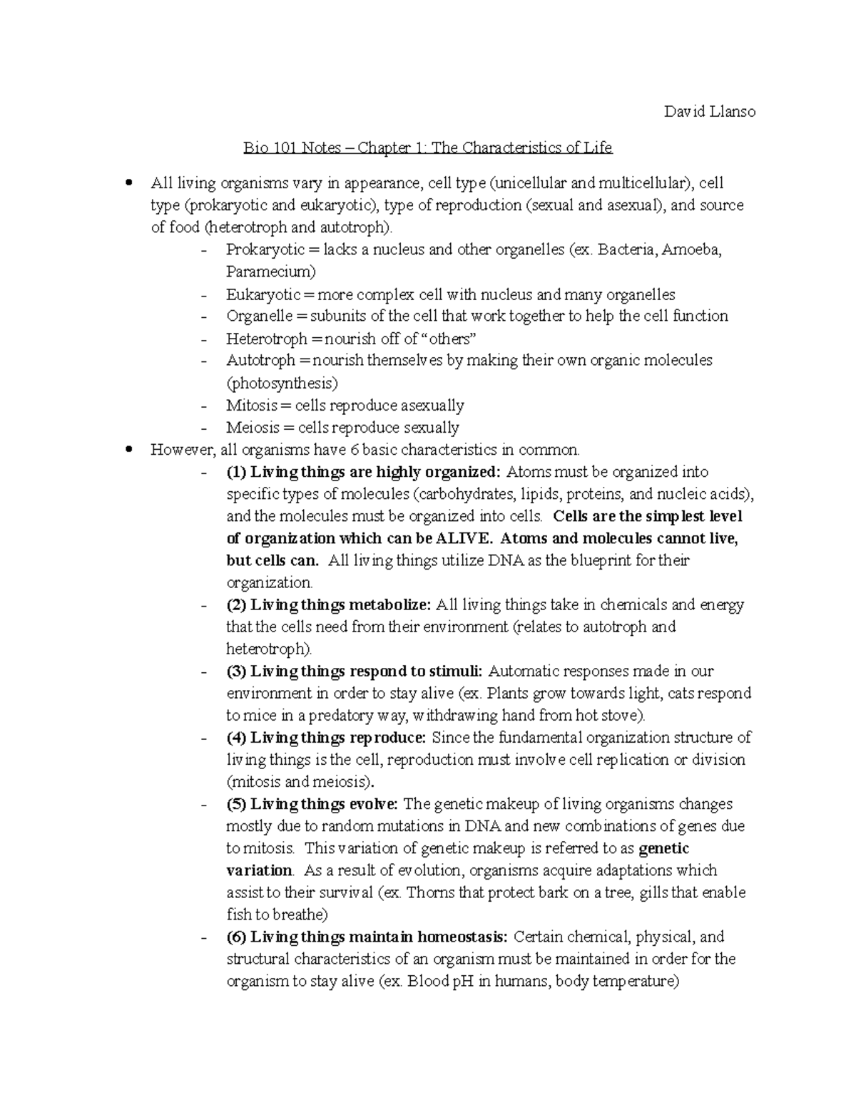 (1) Notes - The Characteristics of Life - David Llanso Bio 101 Notes ...