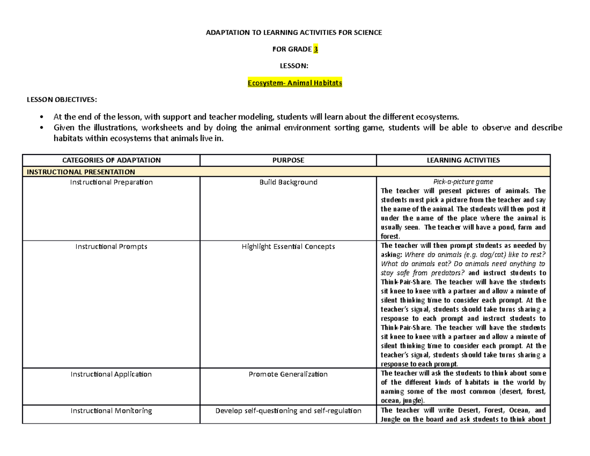 Adaptation TO Learning Activities FOR MATH AND Science - ADAPTATION TO ...
