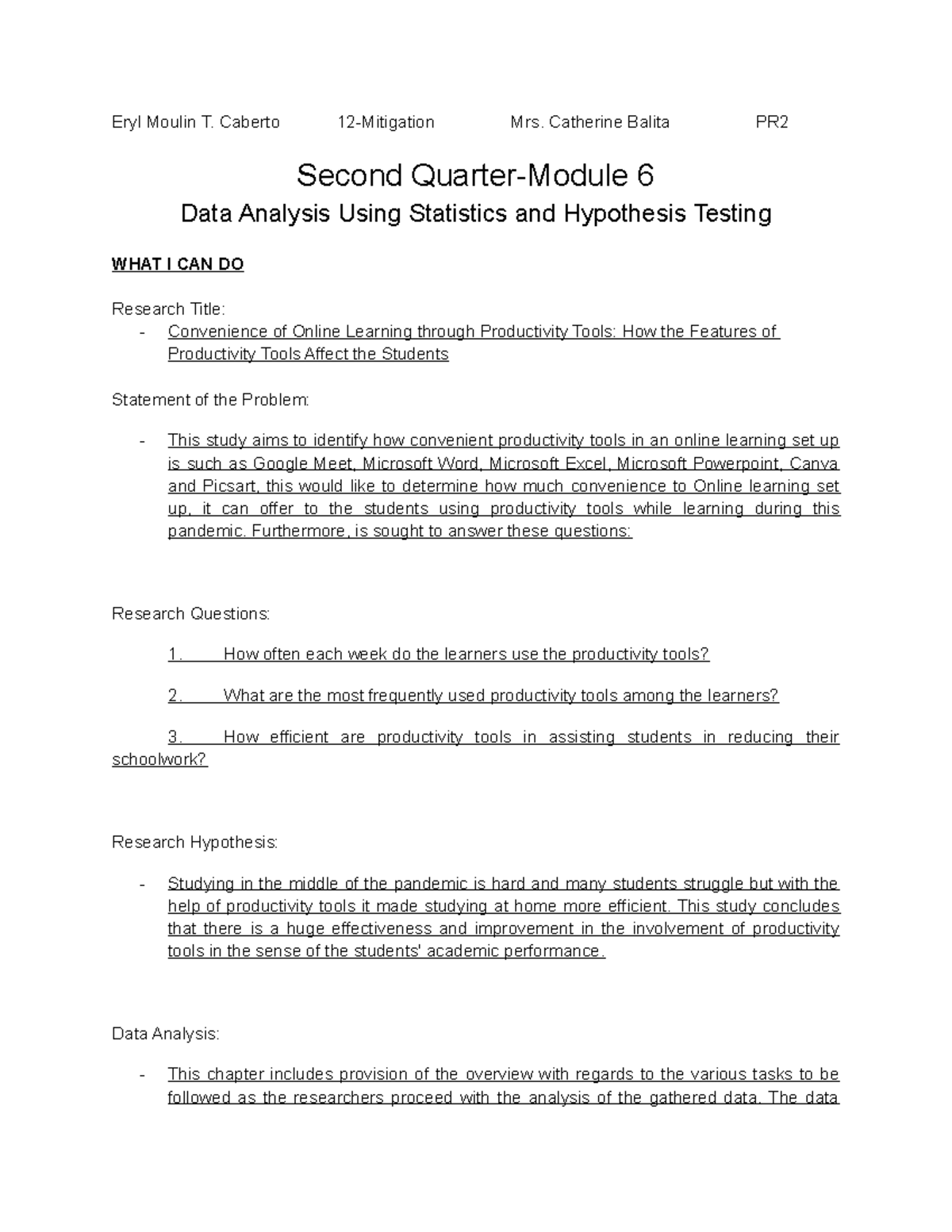 Practical Research Second Quarter Module 6 Data Analysis Using