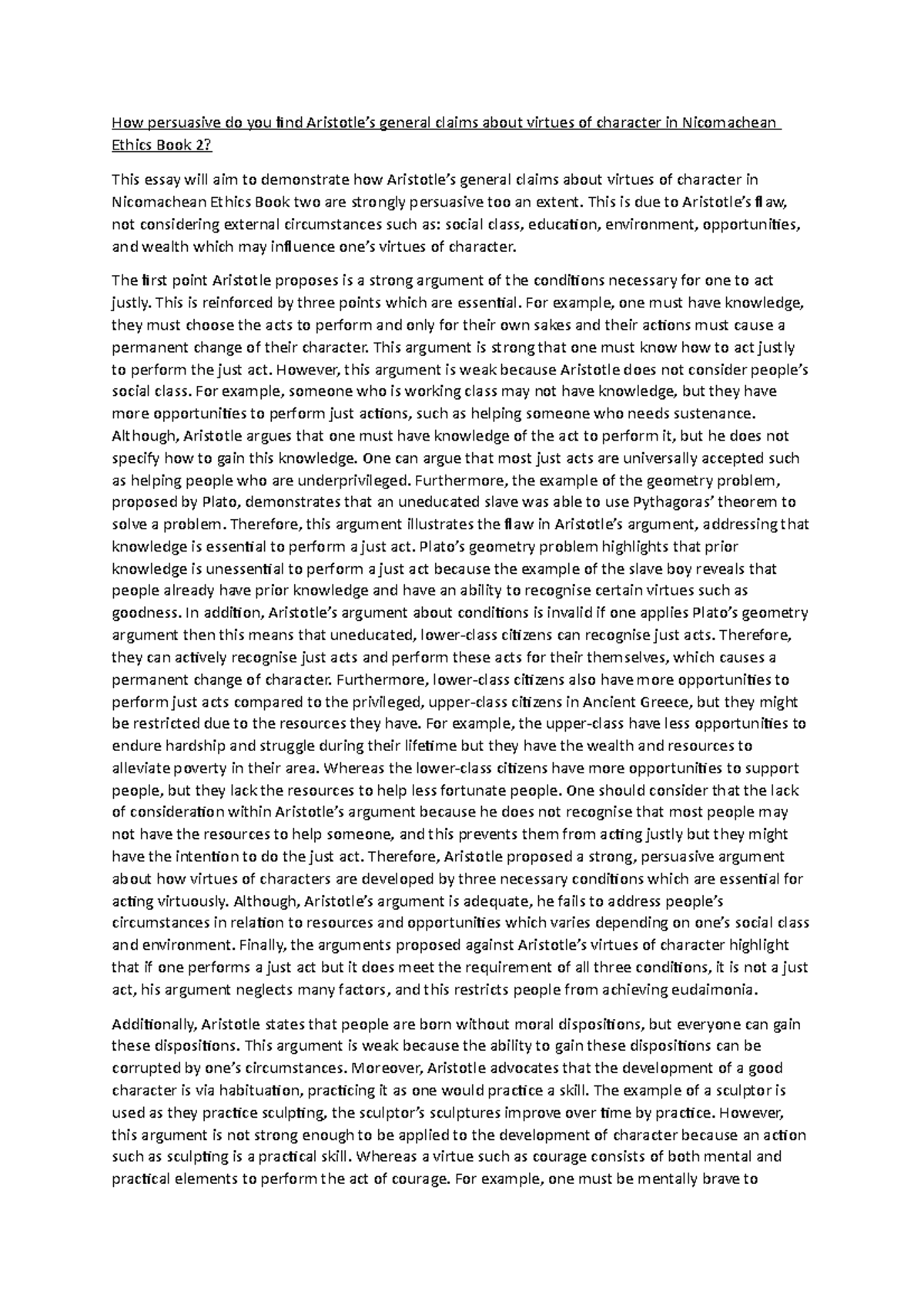 Philosophy Essay 2 - How persuasive do you find Aristotle’s general ...