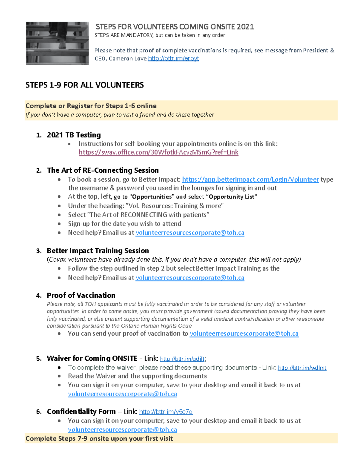 Steps FOR Coming Onsite 2 - STEPS FOR VOLUNTEERS COMING ONSITE 2021 ...