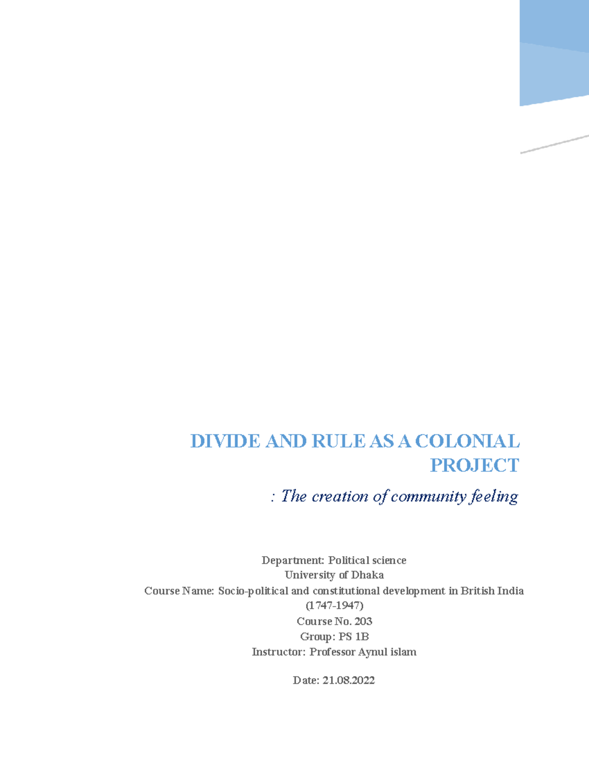 Paper on Divide and Rule as a colonial project - DIVIDE AND RULE AS A ...