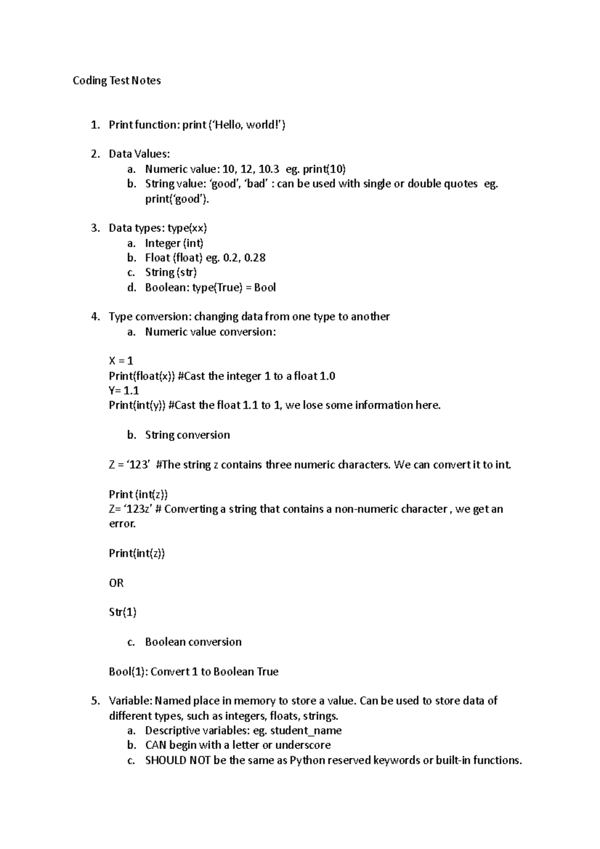 Coding Test Notes Print Function Print ‘hello World 2 Data Values A Numeric Value 10