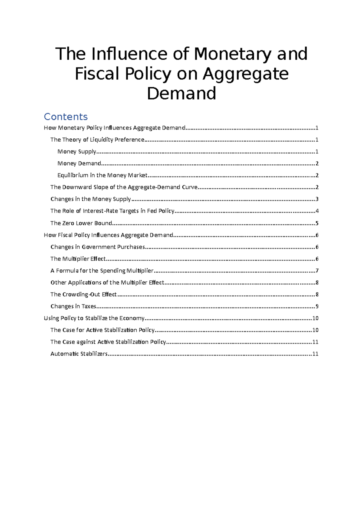 The Influence of Monetary and Fiscal Policy on Aggregate Demand notes ...
