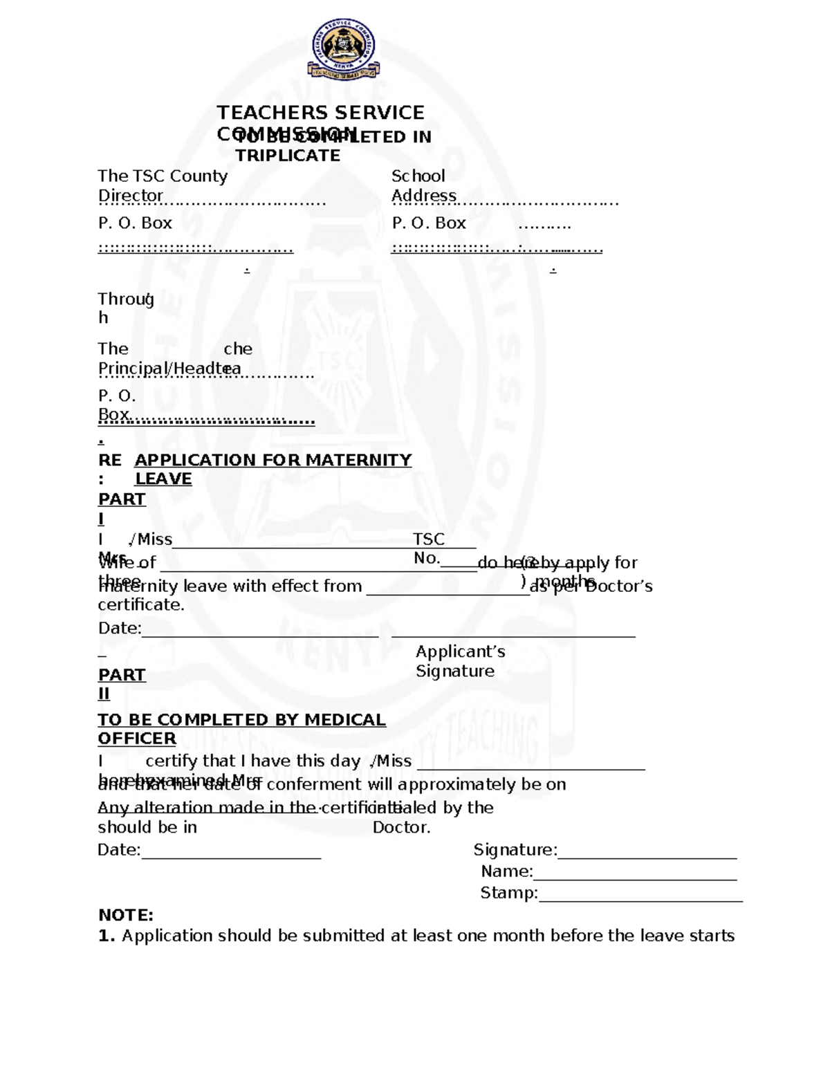 Application for Maternity leave Form - Date ...