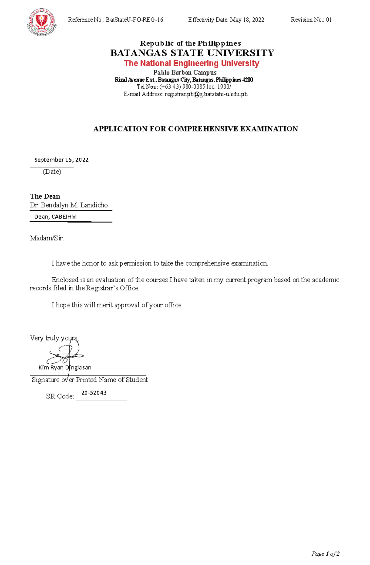 Revised Application Form for Comprehensive Examination - Reference No ...