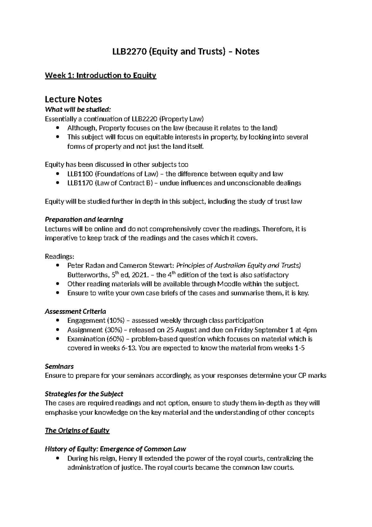 LLB2270 - Notes - LLB2270 (Equity and Trusts) – Notes Week 1 ...