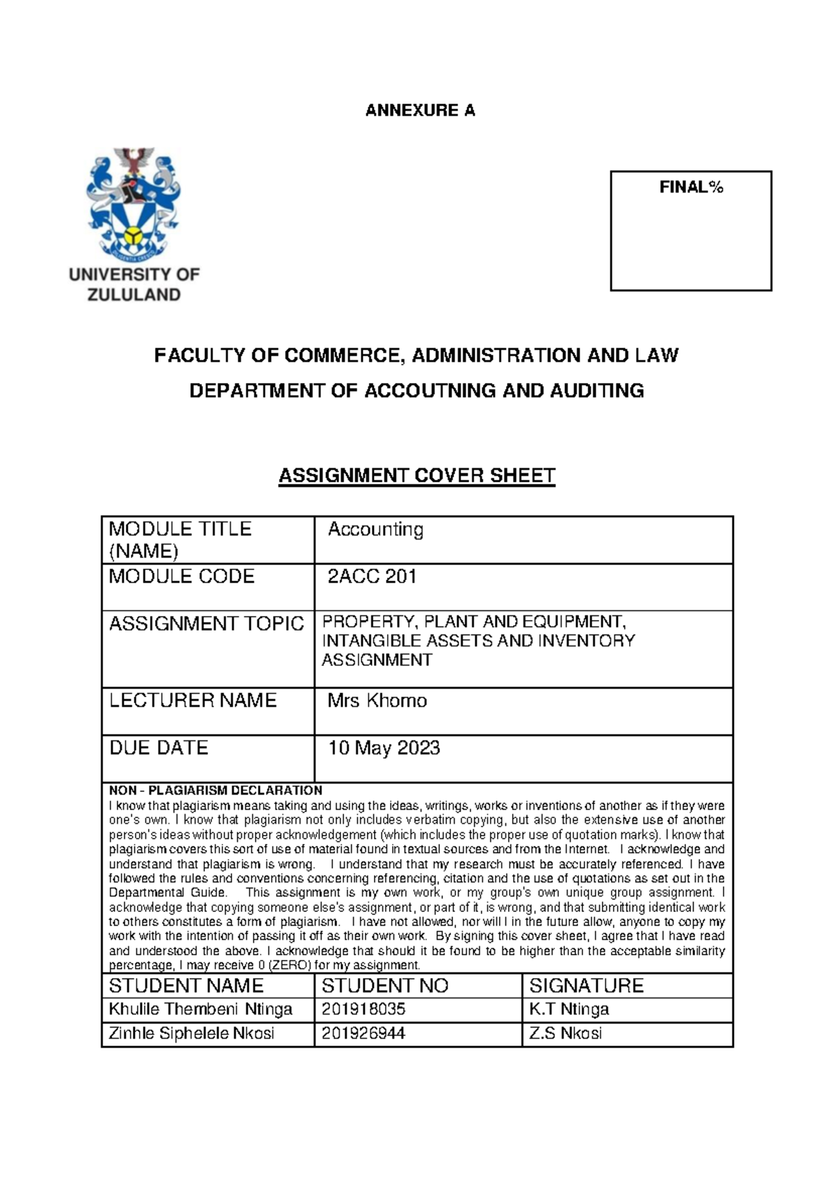 2ACC 201 Group 3 Assignment - ANNEXURE A FACULTY OF COMMERCE ...