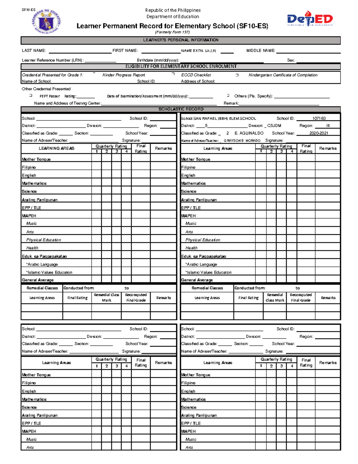 SF10 DepEd School Form 10 SF10 ES LAST NAME FIRST NAME NAME EXTN