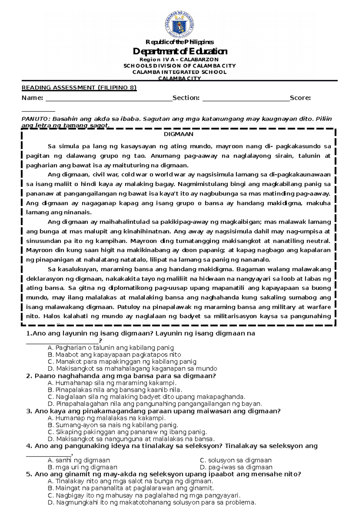 HOME Based Reading Assessment Filipino - READING ASSESSMENT (FILIPINO 8 ...