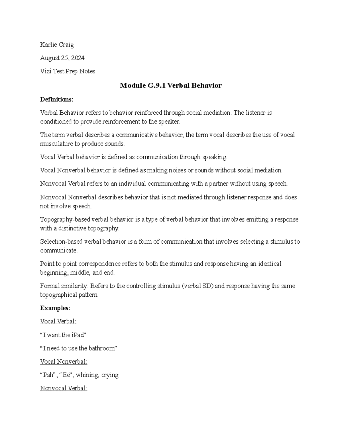 Vizi Test Prep Notes G.9.1 Verbal Behavior - Karlie Craig August 25 ...
