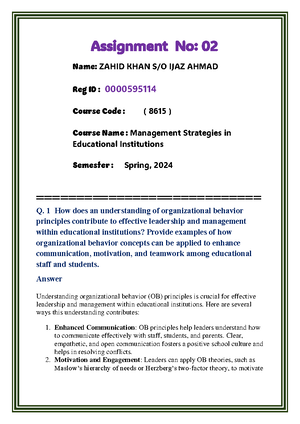 ( 8616 ) 1 - Solved assignment - Assignment No: 0 1 Name: ZAHID KHAN S ...