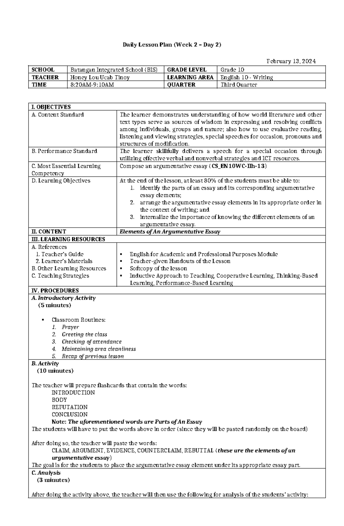 Q3 W2 D2 English 10 DLP - Daily Lesson Plan (Week 2 – Day 2) February ...