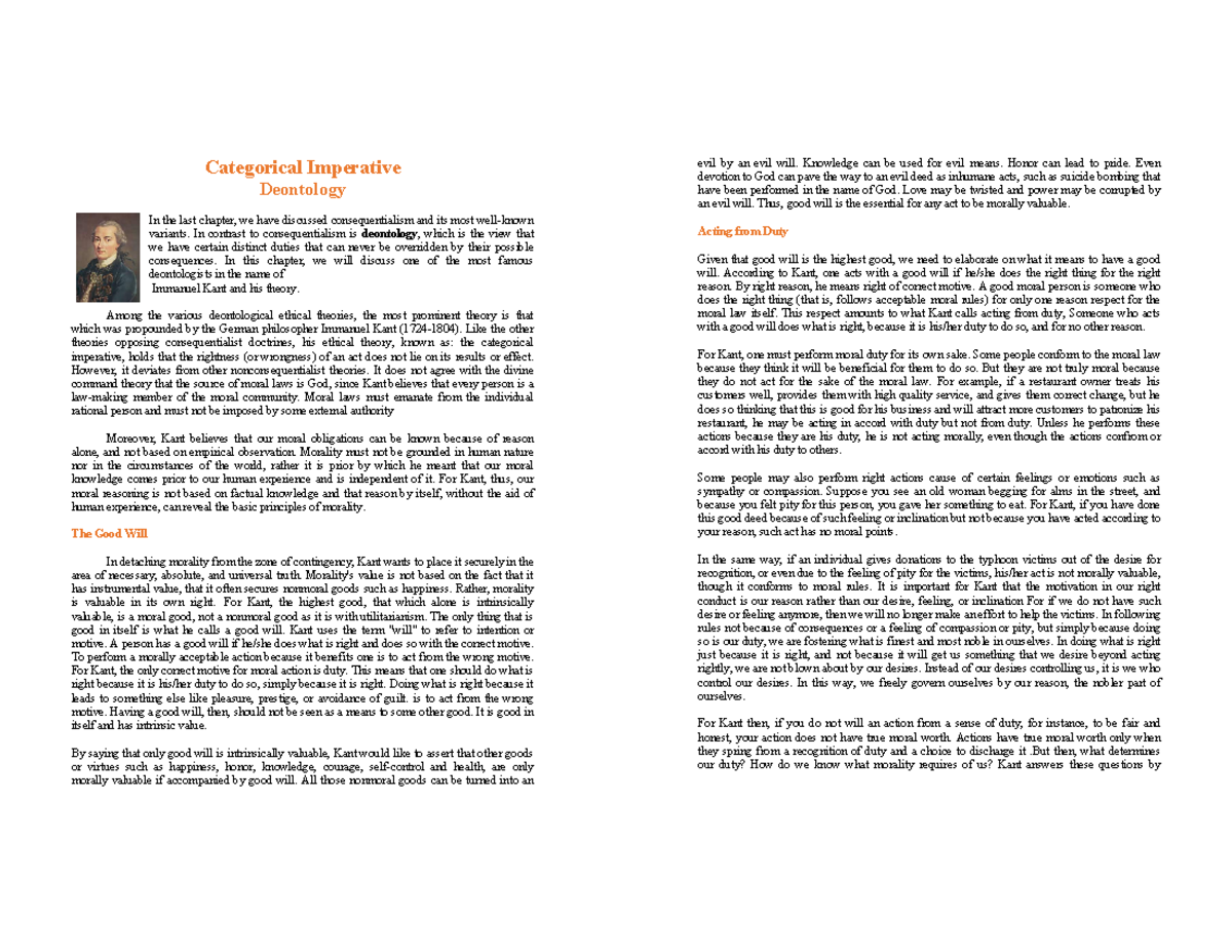 ETHICS lectures - Categorical Imperative Deontology In the last chapter ...