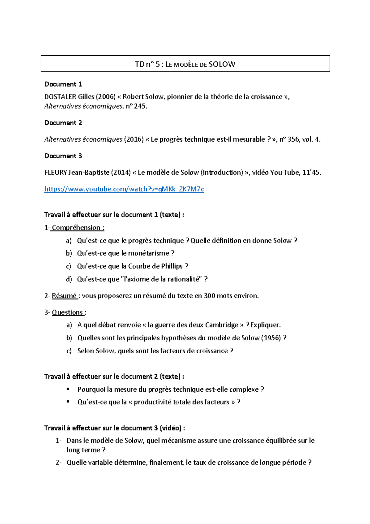 TD 5 - TD n° 5 : LE MODÈLE DE SOLOW Document 1 DOSTALER Gilles (2006) « Robert Solow, pionnier ...
