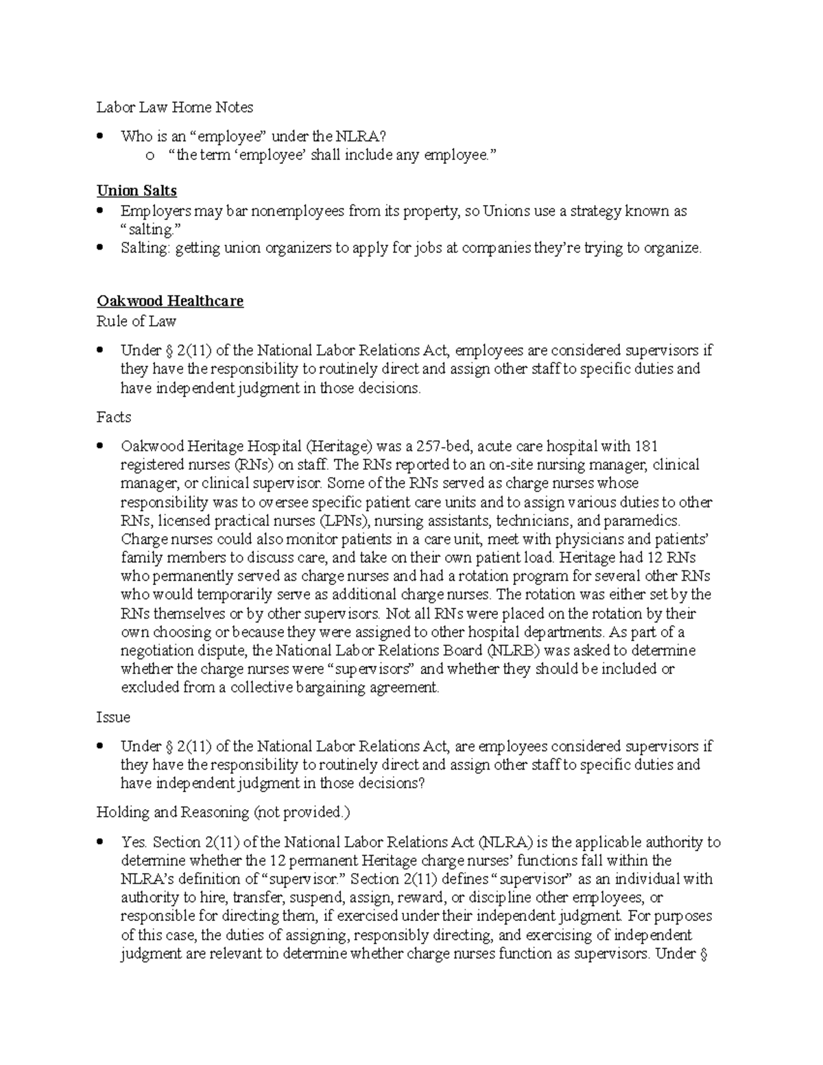 Labor Law Home Notes - ” Union Salts Employers may bar nonemployees ...