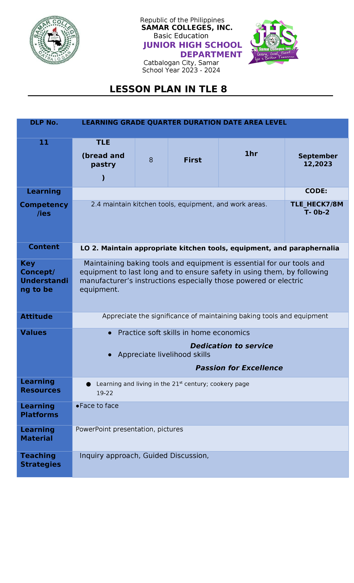 TLE 8 Q1 09 12 2023 - Lesson plan sample - Republic of the Philippines ...