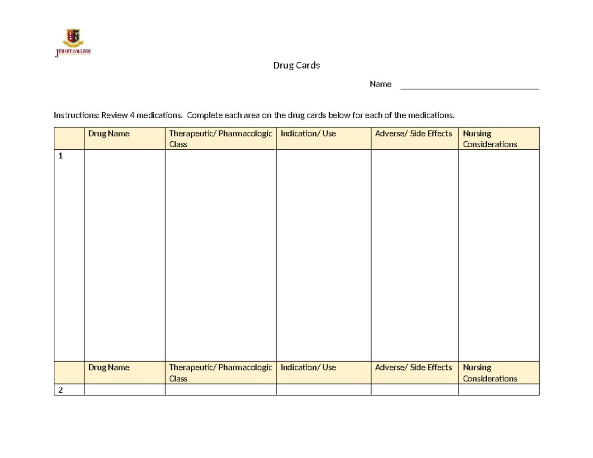Form for Drug Card Activity - 241 - Drug Cards Name Instructions ...