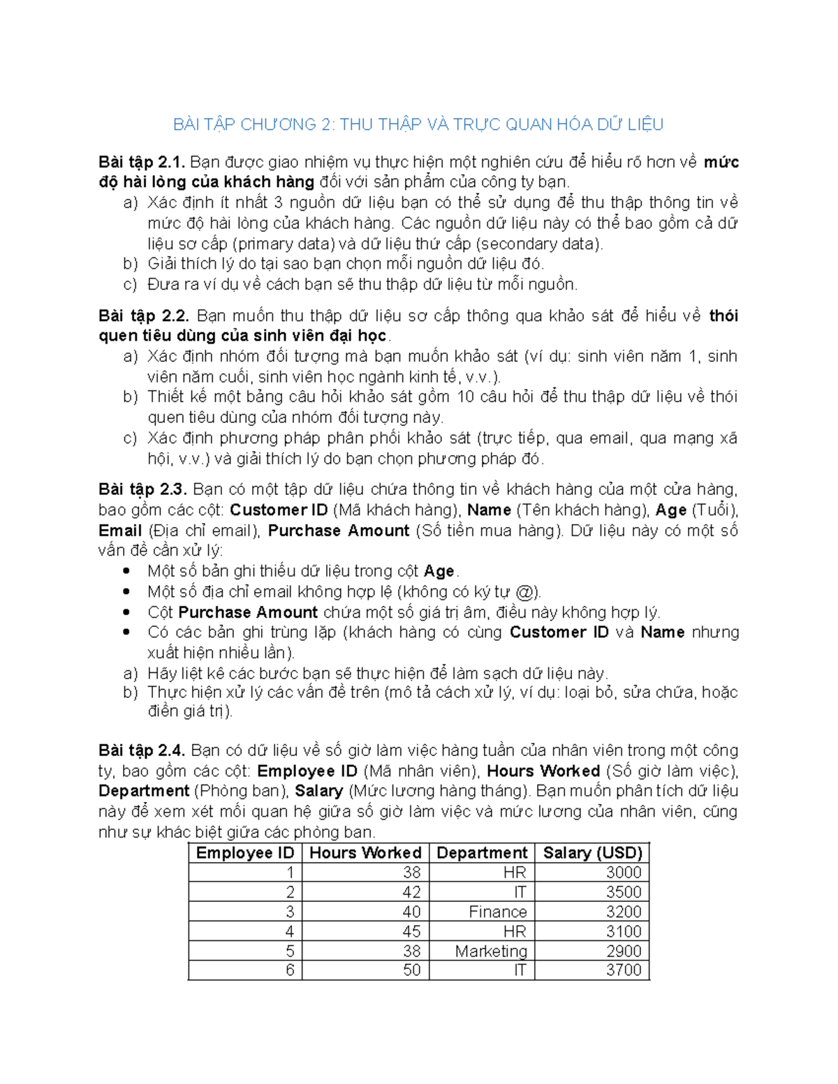 Bai tap Chuong 2 - Bài tập ktct c2 - BÀI TẬP CHƯƠNG 2: THU THẬP VÀ TRỰC QUAN HÓA DỮ LIỆU - Studocu