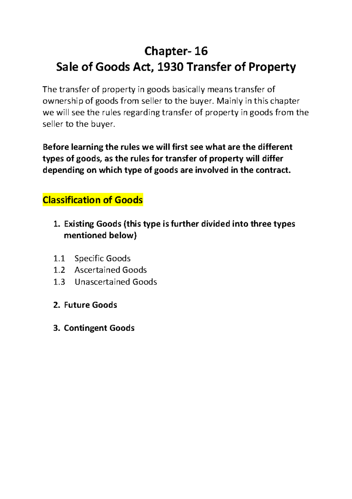 Ch-16 Sale of goods act, 1930 Transfer of property - Chapter- 16 Sale ...