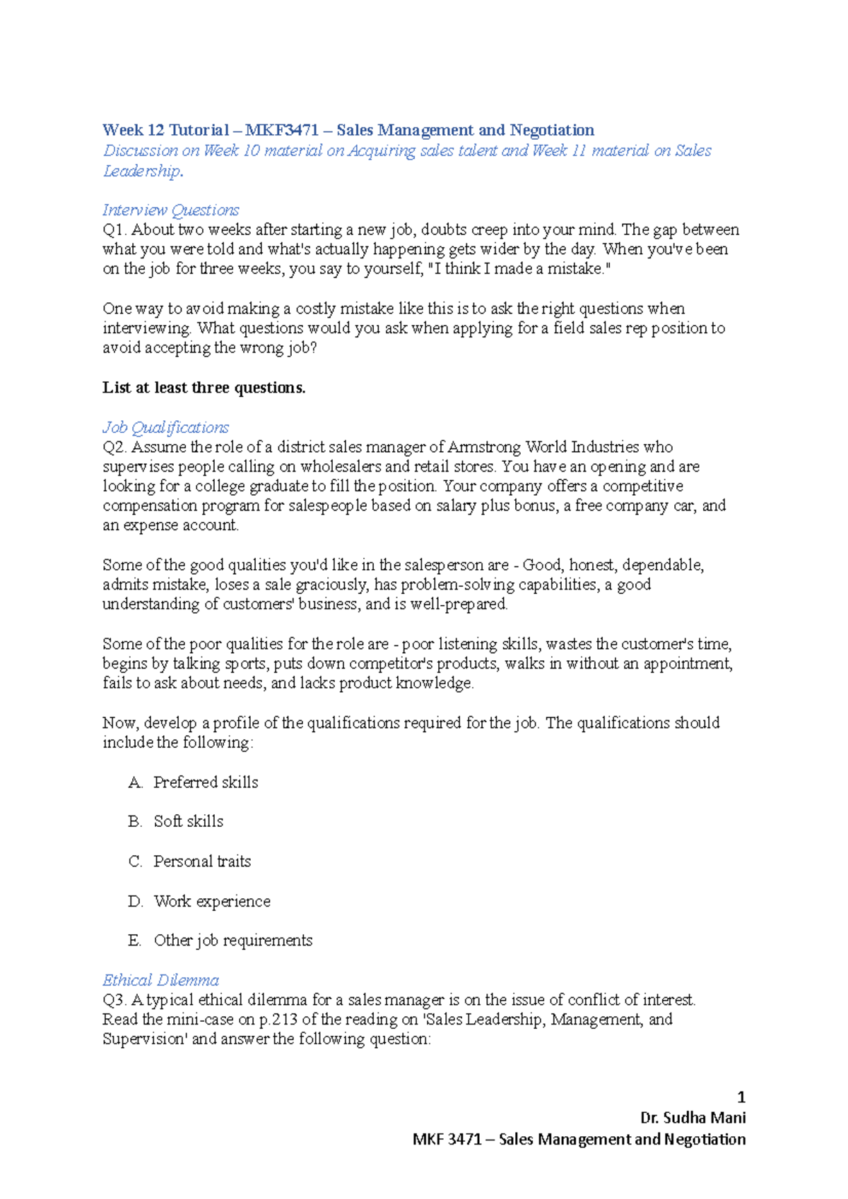 Tutorial prep questions Week 12 - Week 12 Tutorial – MKF3471 – Sales ...