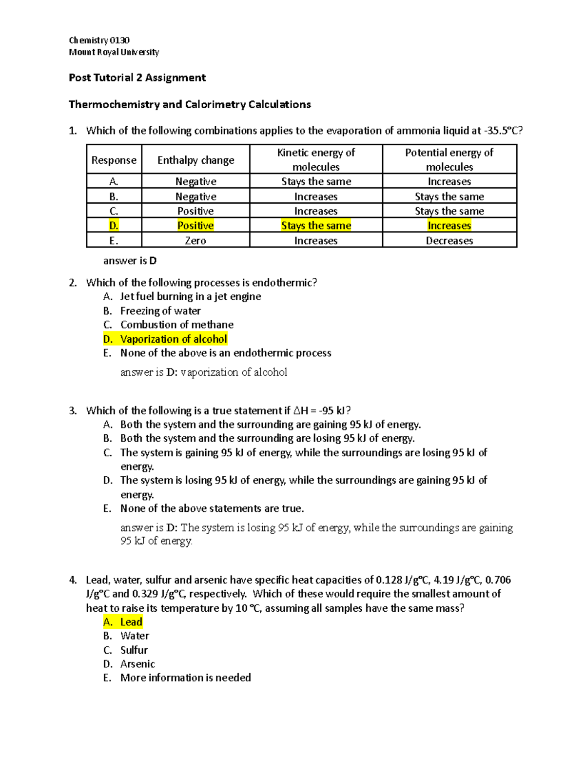 Copy of Post Tutorial 2 Assignment - Chemistry 0130 Mount Royal University Post Tutorial 2 - Studocu