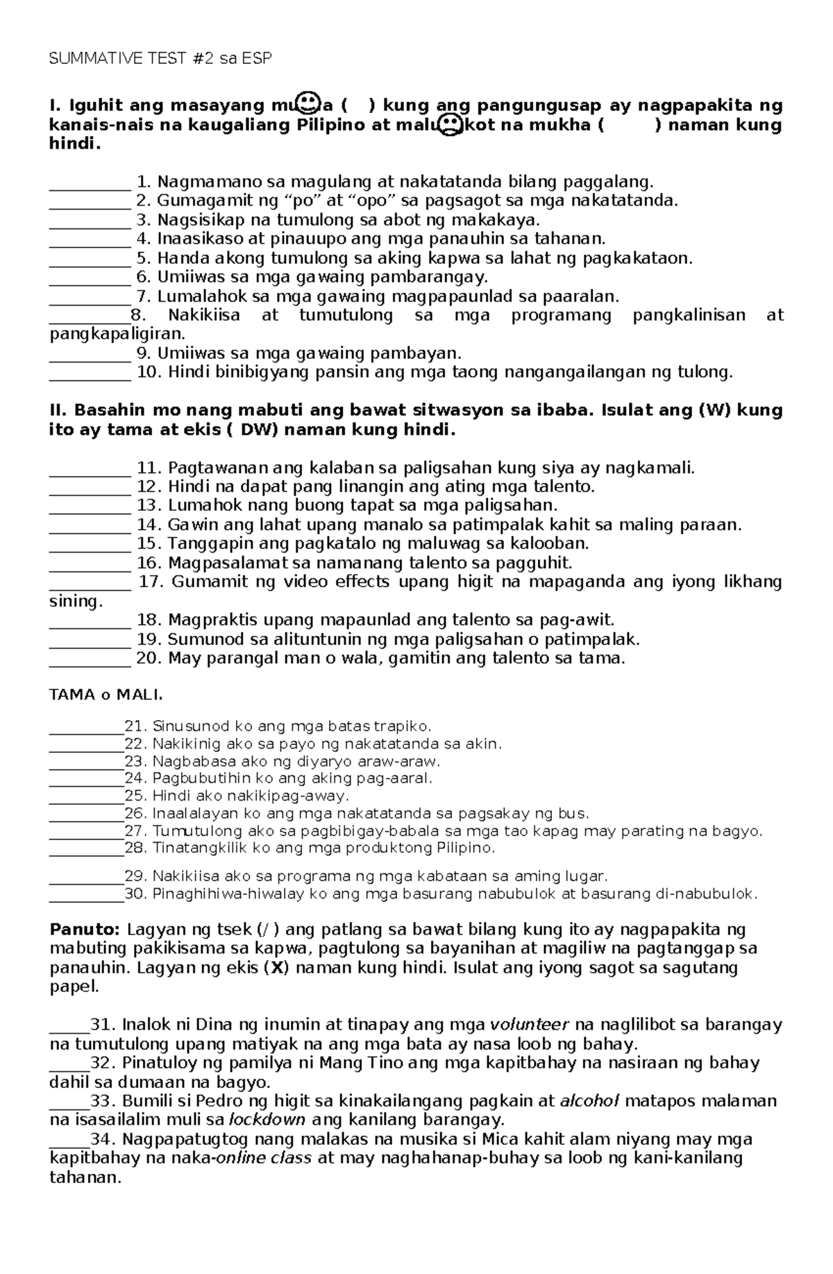 Summative TEST in ESP #2 - SUMMATIVE TEST #2 sa ESP I. Iguhit ang ...