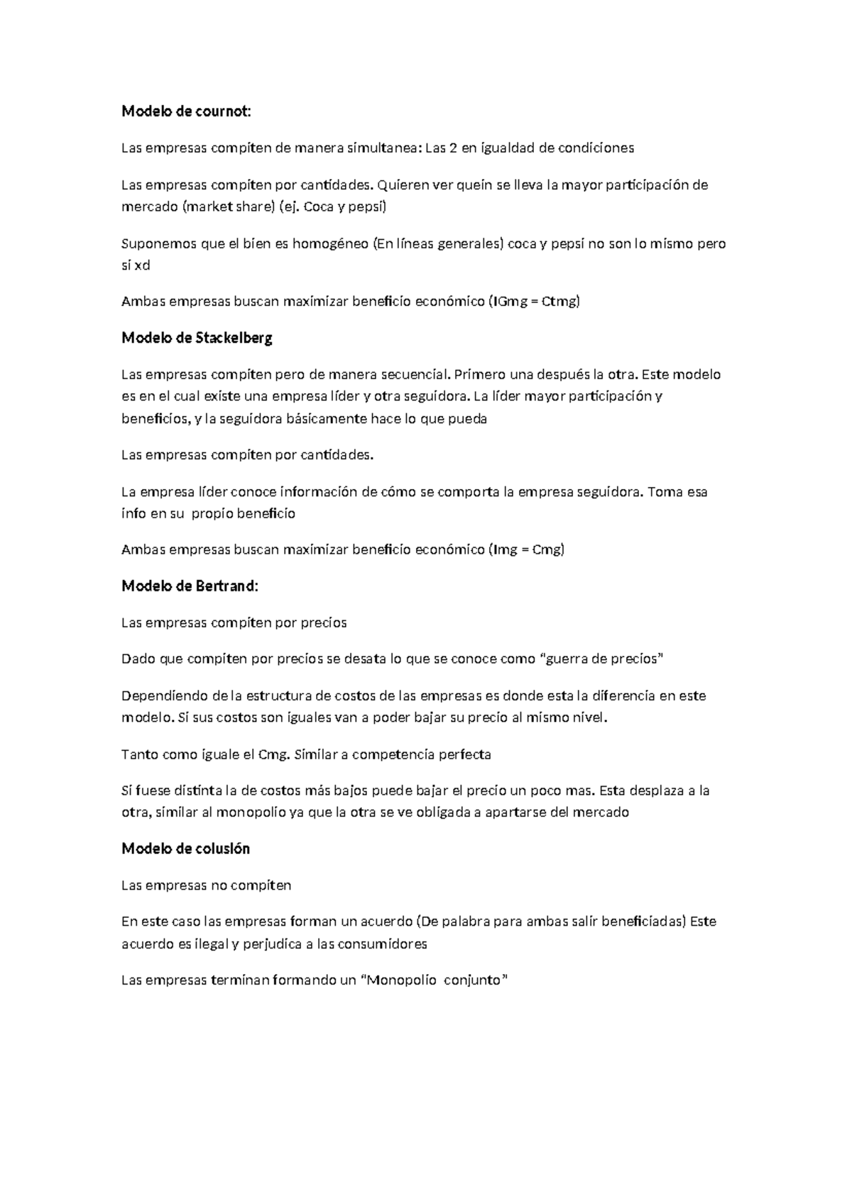Micro 2 parcial teoria - asd - Modelo de cournot: Las empresas compiten de manera simultanea ...