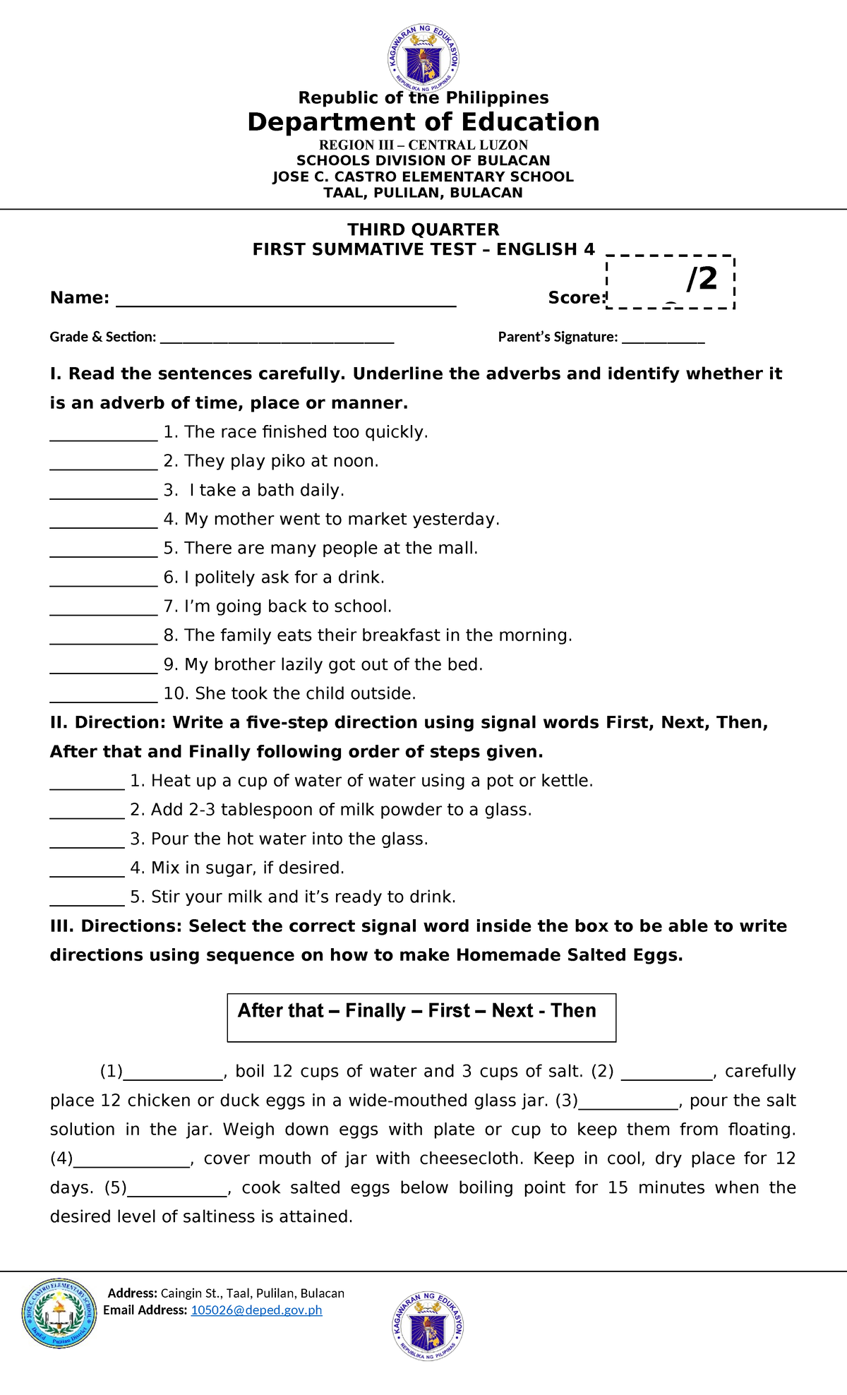 First Summative- Third Quarter- Grade 4 - / 0 Republic of the ...