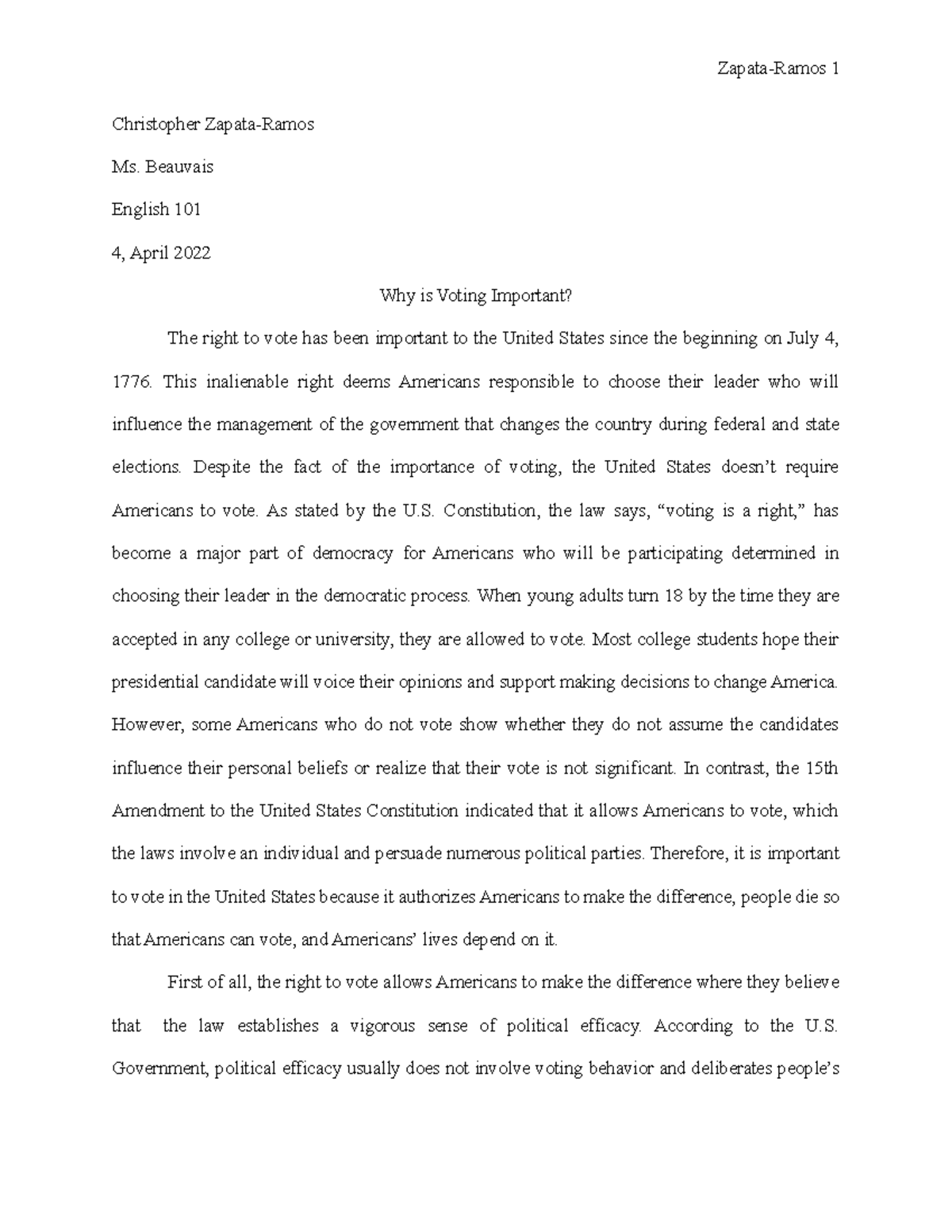 Argumentative Essay Final Draft Why is Voting Important - Christopher ...