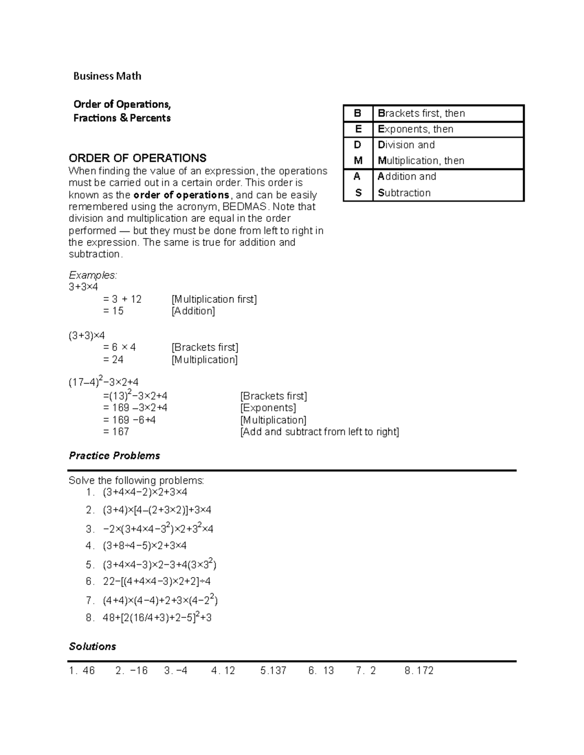 Fractions and Percent - This is coursework for Business Math. Their are ...