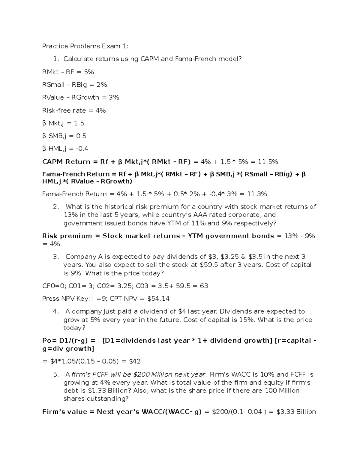 Practice Problems Exam 1 - Calculate returns using CAPM and Fama-French model? RMkt – RF = 5% ...