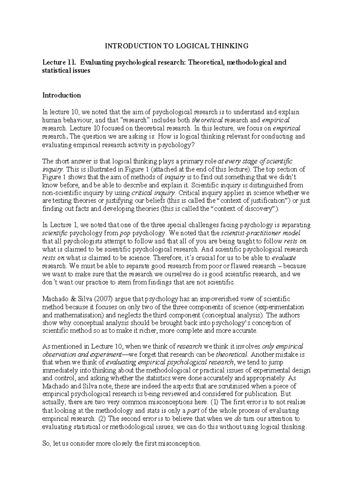 Logic Lect 11 Introduction To Logical Thinking Lecture 11 Evaluating Psychological Research 