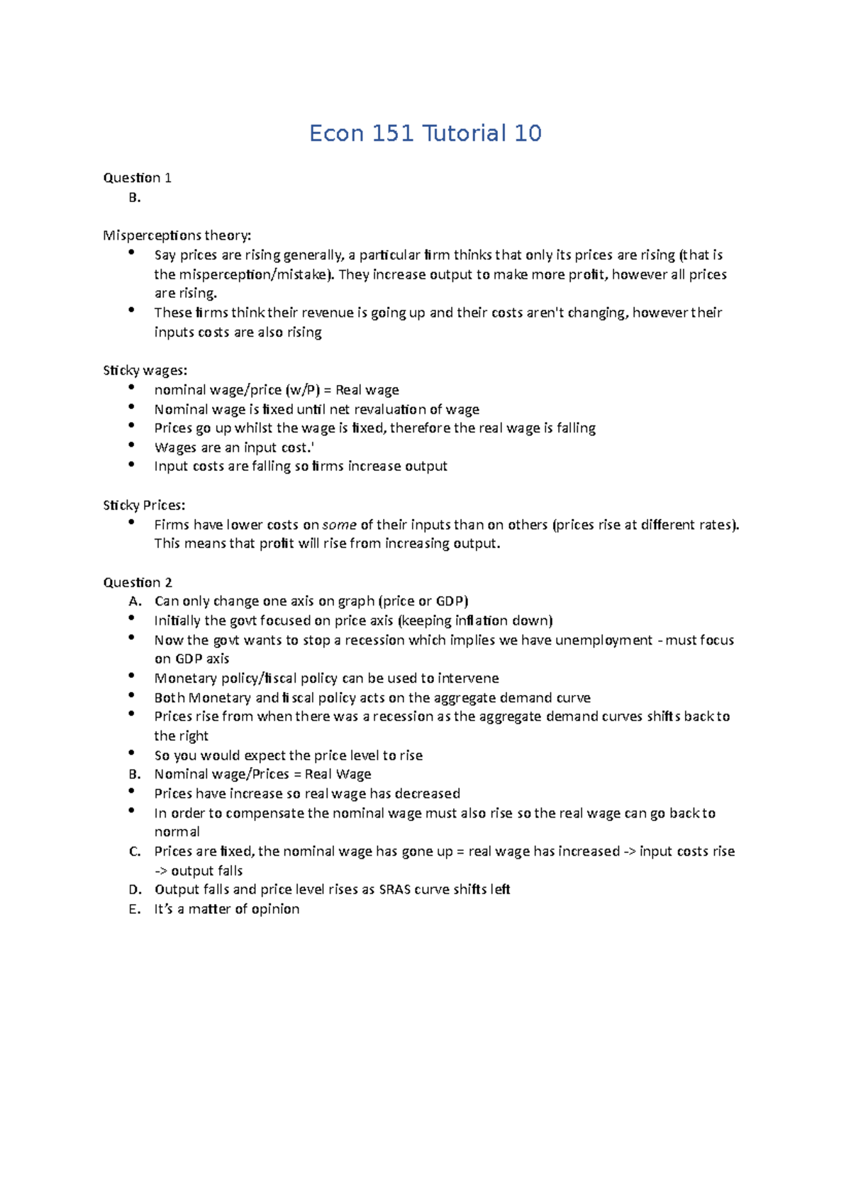 Econ 151 Tutorial 10 - Econ 151 Tutorial 10 Question 1 B ...