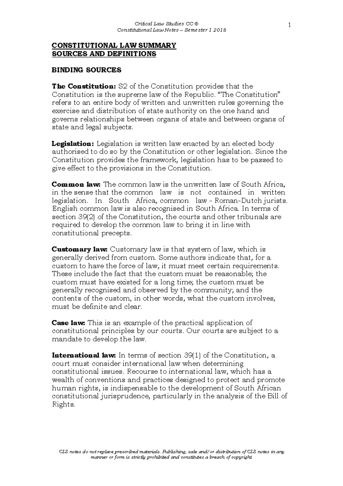 Constitutional Notes 2018 - Constitutional Law Notes – Semester 1 2018 ...