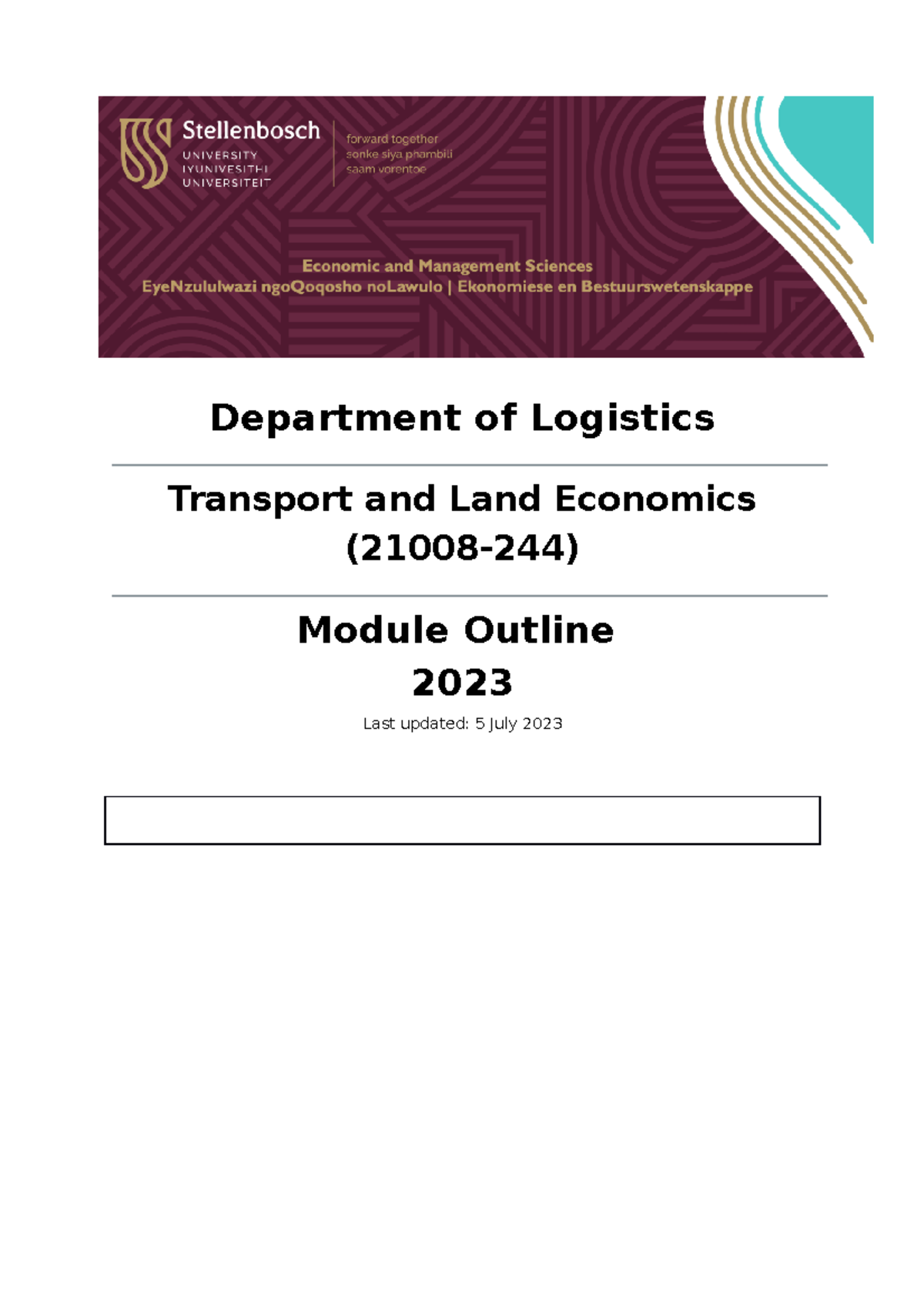2023 Module Framework - TE244 - Department of Logistics Transport and ...